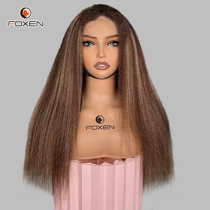 Foxen P4/27 Ombre Brown Highlight Long Kinky Straight Human Hair Wigs